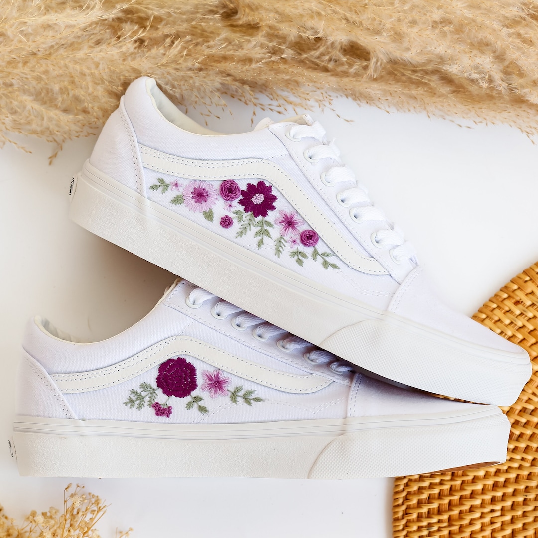 Embroidered Vans, Purple Wedding Flowers Embroidered Shoes, Bridal ...