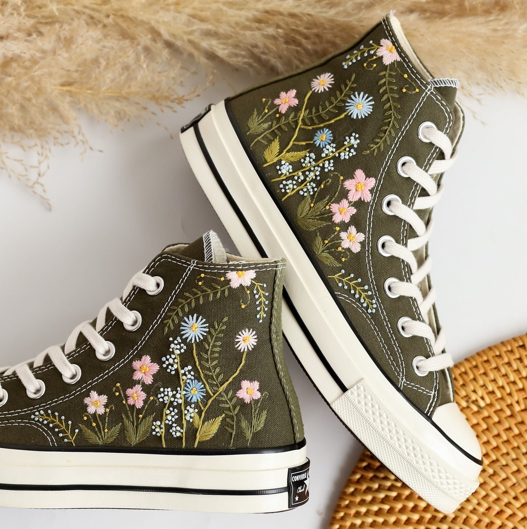 Custom Embroidered Converse High Tops, Garden Flowers Embroidered Shoes ...