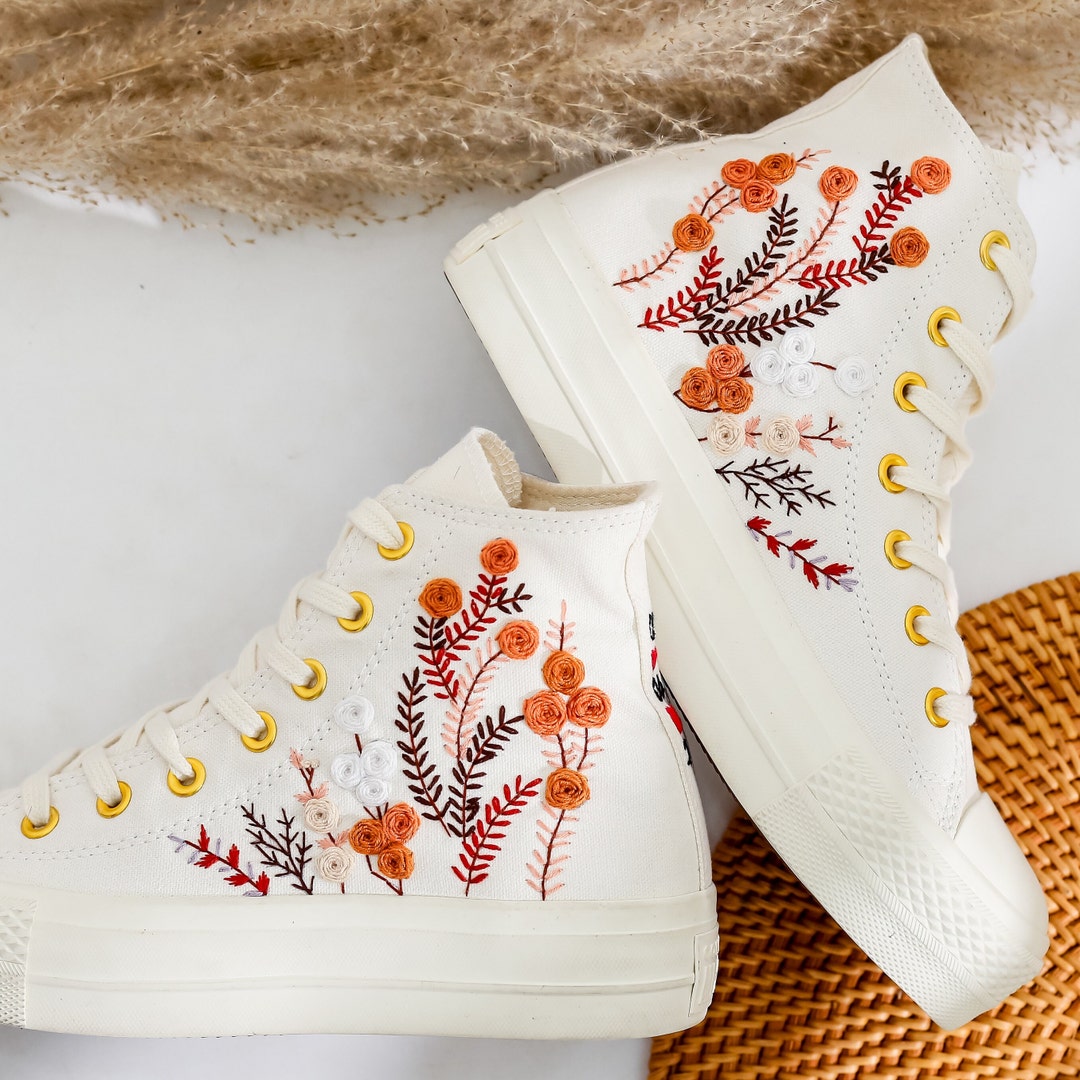 Wedding Converse, Fall Flower Embroidered Shoes for Bride, Bridal ...