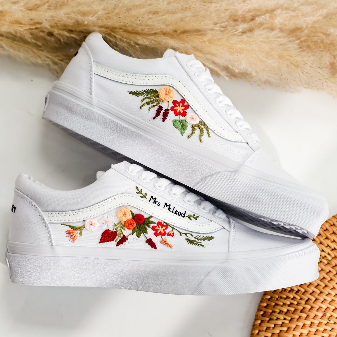 Custom Wedding Vans Shoes, Bridal Flowers Embroidered Vans, Floral ...
