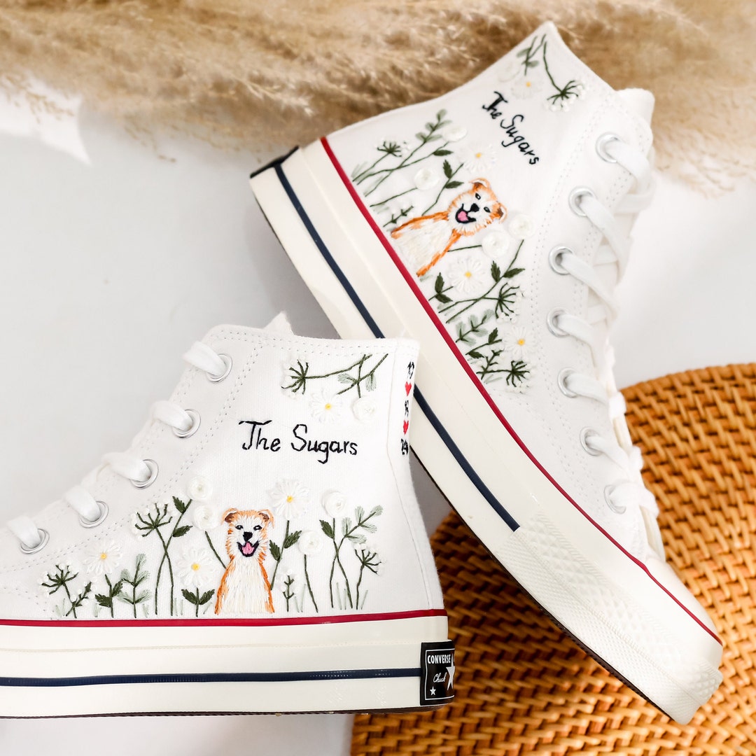Embroidered Converse , Dog and White Flower Embroidered Shoes, Name and ...