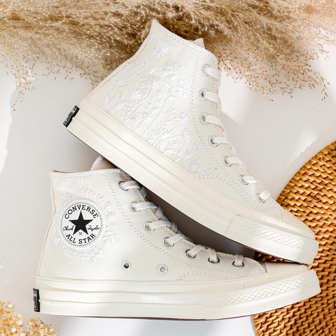 Custom Wedding Platform Shoes, White Flowers Embroidered Sneakers for Bride, Embroidered Wedding ...