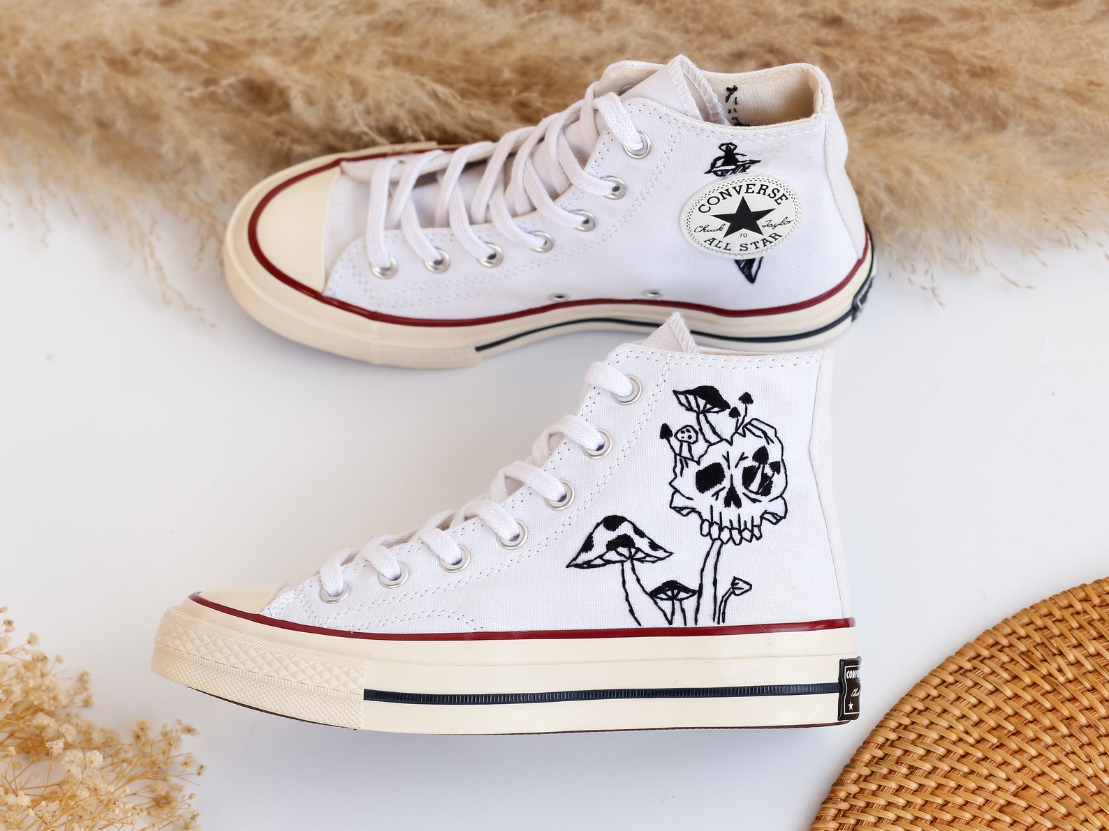 Custom Embroidered Converse High Tops, Ghost and Mushrooms Embroidered ...
