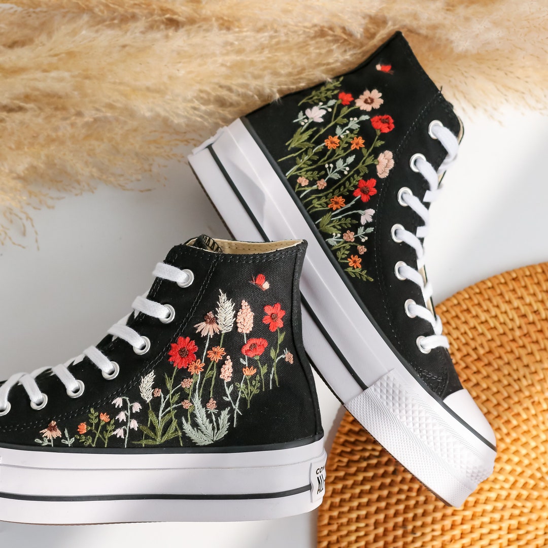 Custom Wedding Converse Platform, Bridal Flowers Embroidered Sneakers ...
