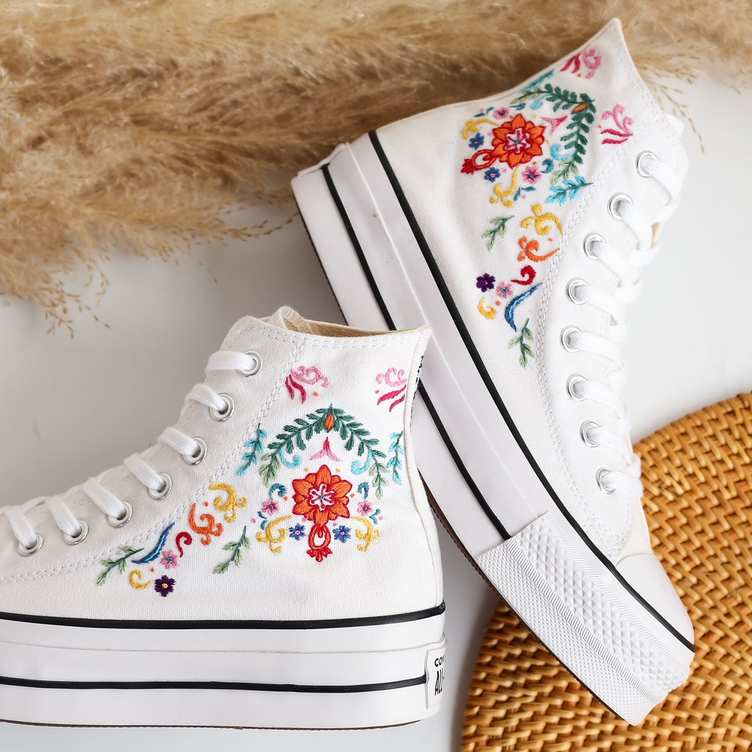 Custom Wedding Converse Platform, Wedding Flowers Embroidered Platform ...