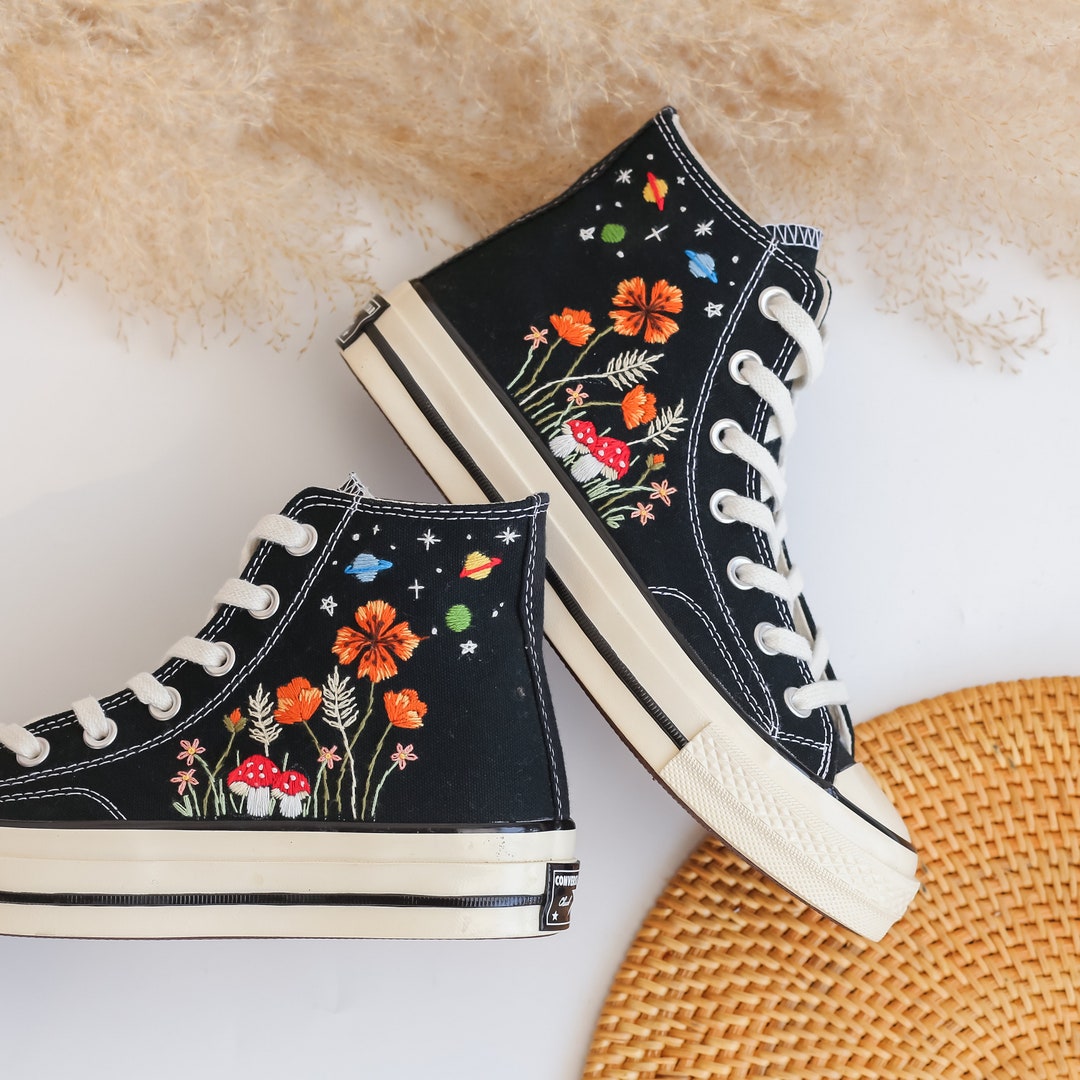 Embroidered Converse High Tops Taylor 1970s, Mushroom and Orange Flower ...