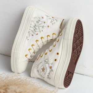 Custom Wedding Sneakers Platform, White Flower Embroidered Converse ...