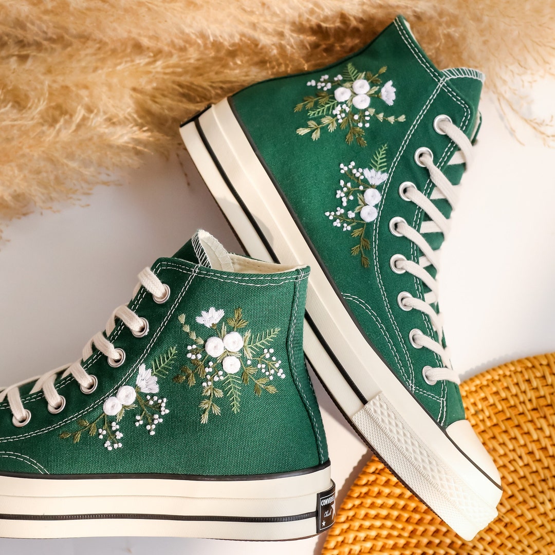Custom Embroidered Converse High Tops, White Rose Embroidery Shoes ...