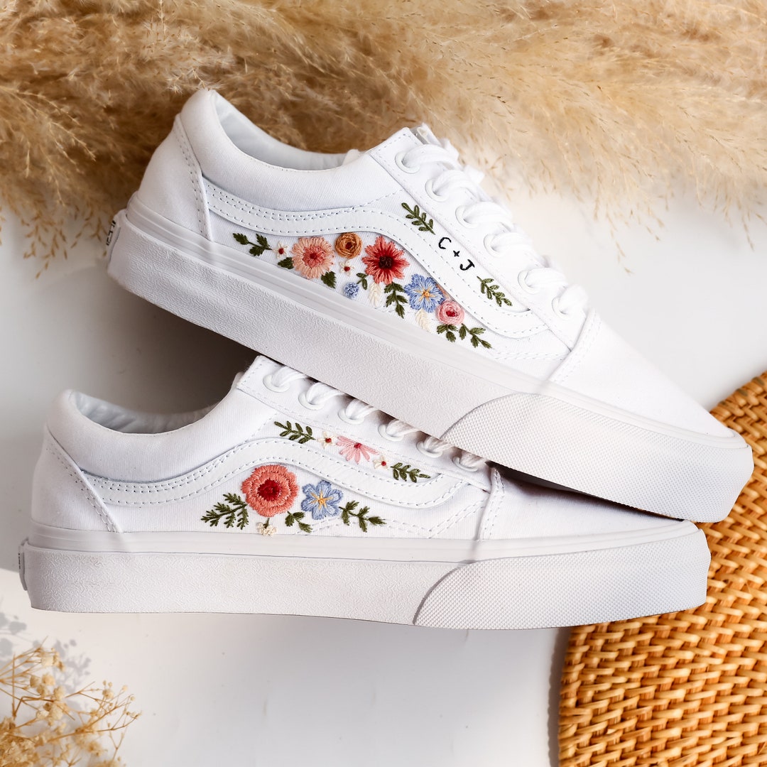 Wedding Vans for Bride, Bridal Flowers Embroidered Vans Shoes, Wedding ...