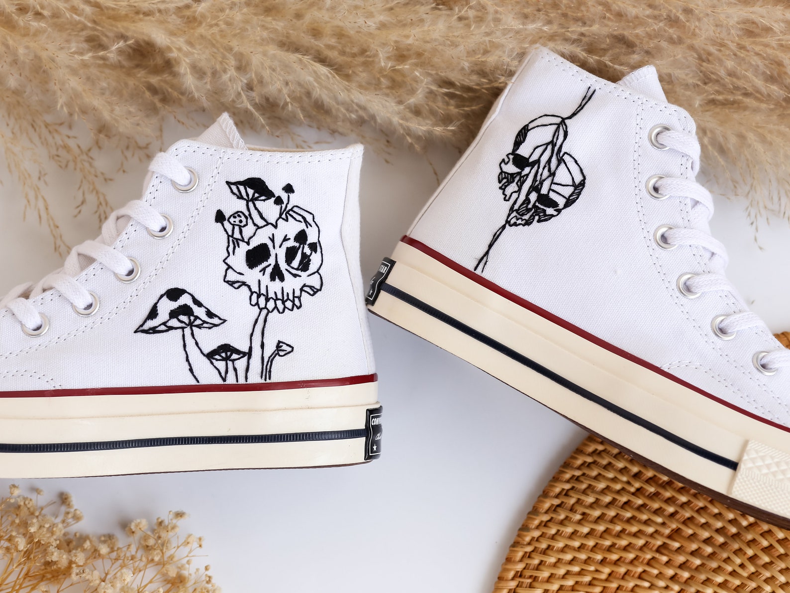 Custom Embroidered Converse High Tops, Ghost and Mushrooms Embroidered ...