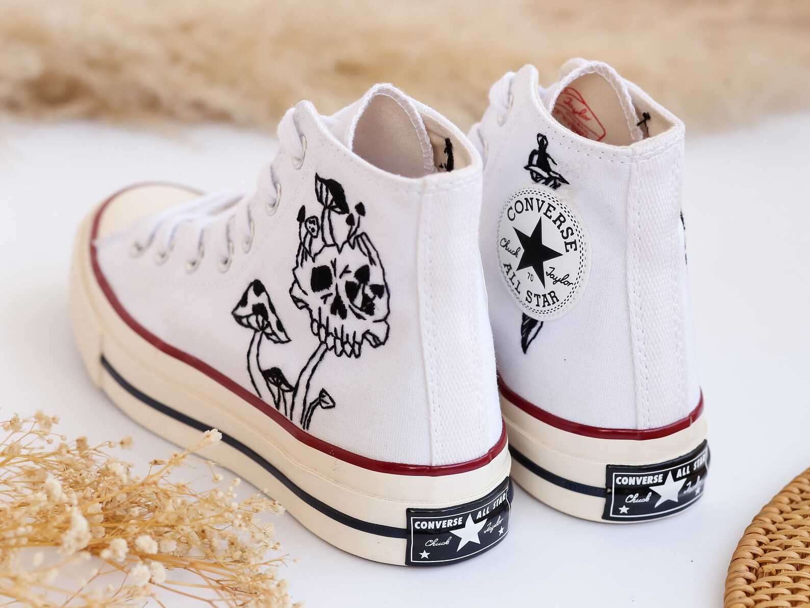 Custom Embroidered Converse High Tops, Ghost and Mushrooms Embroidered ...