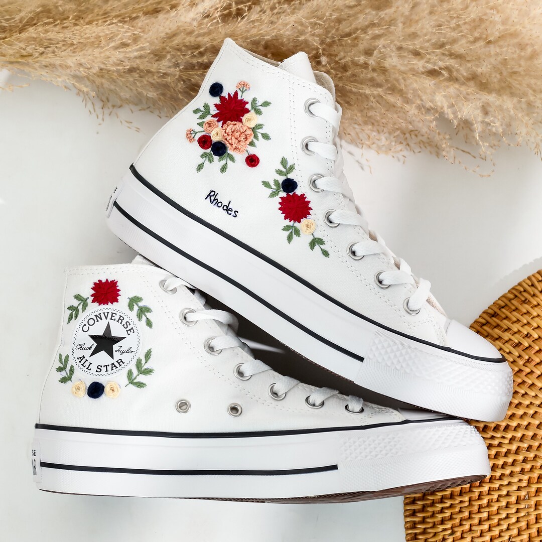 Wedding Converse Platform for Bride, Custom Flower Embroidered Converse ...