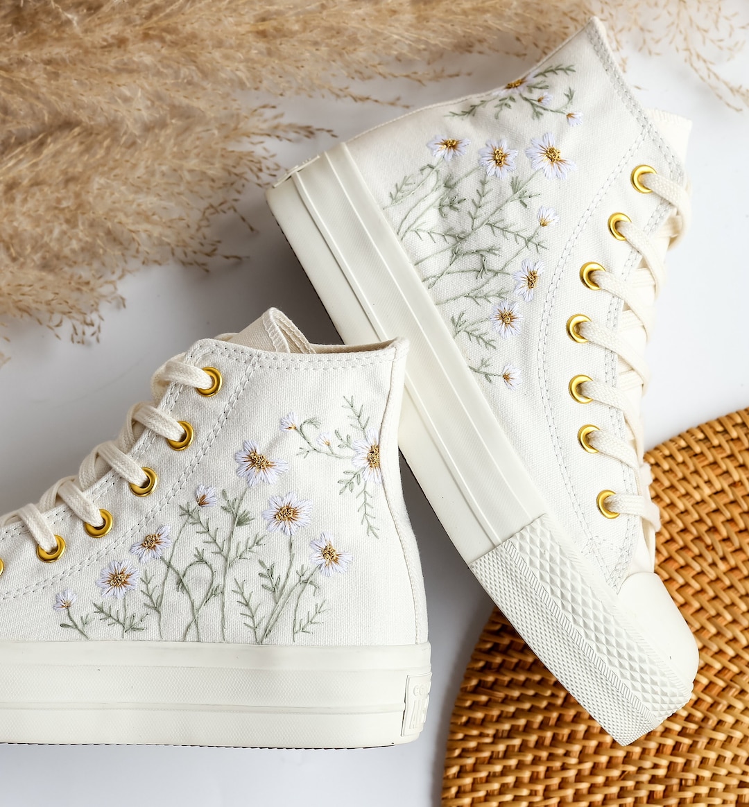 Custom Wedding Sneakers Platform, White Flower Embroidered Converse ...