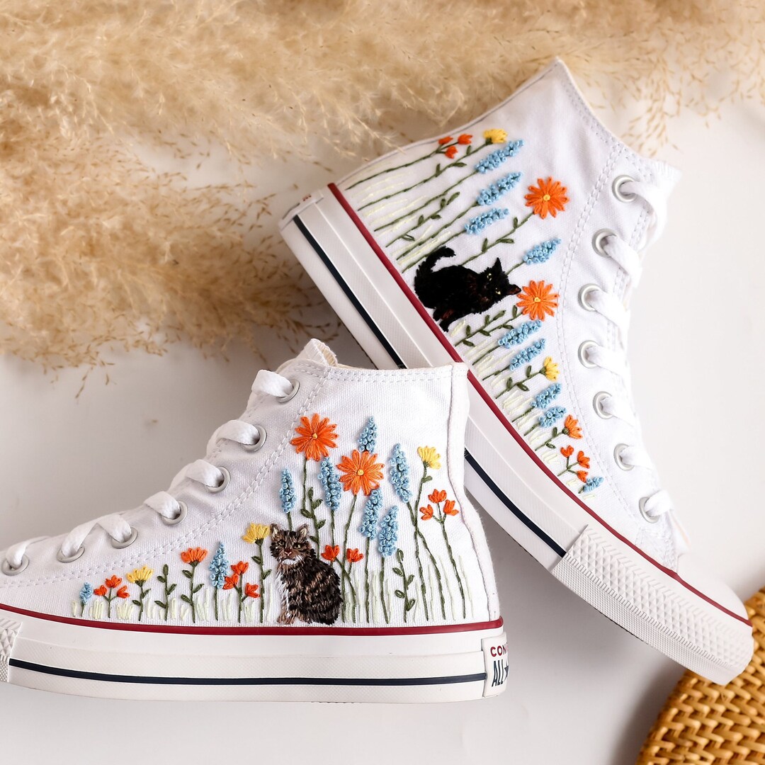 Custom Embroidered Converse High Tops, Custom Shoes Flower and Cat ...