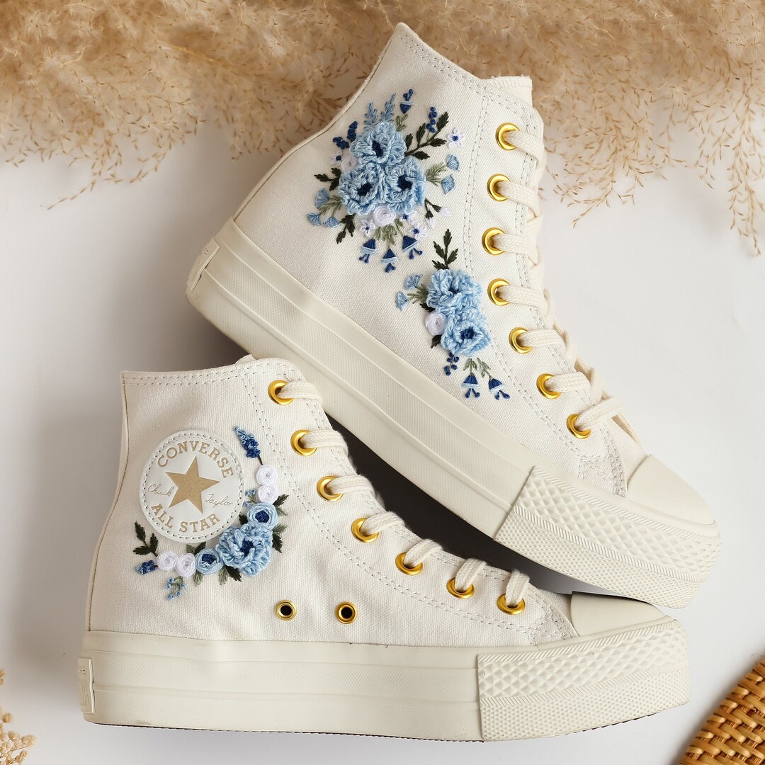 Embroidered Converse Platform, Wedding Converse Embroidery Dusty Blue ...