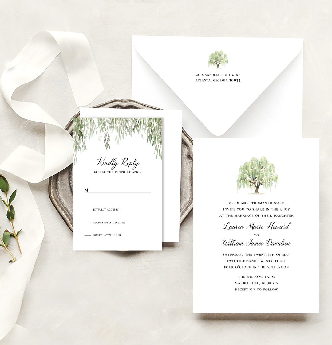 Watercolor Willow Tree Wedding Invitation Suite Printed on Handmade ...
