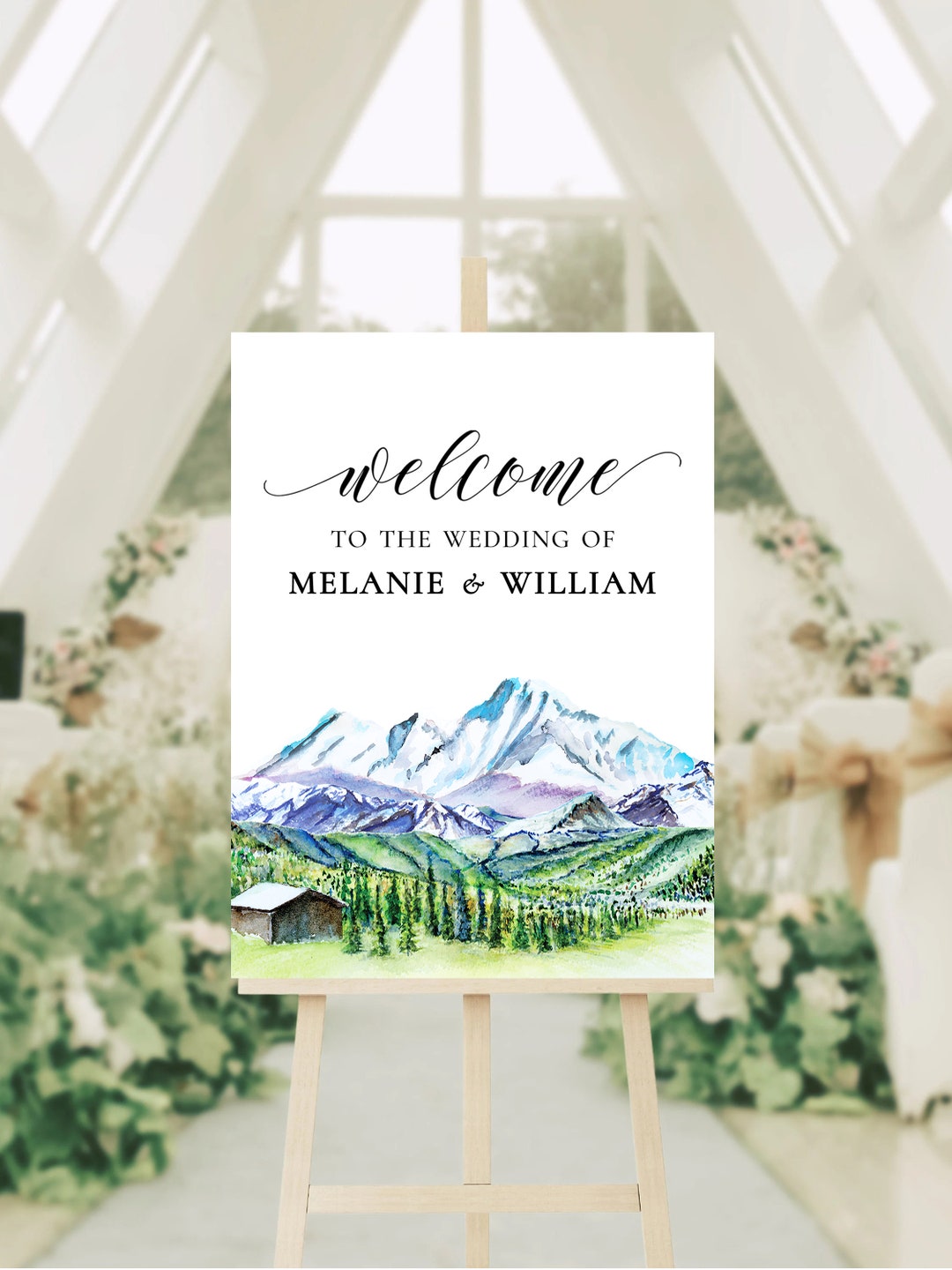 Mountain Watercolor Wedding Welcome Sign Featuring an Original, Hand ...