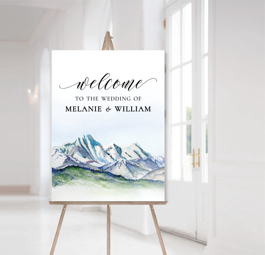 Mountain Watercolor Wedding Welcome Sign Featuring an Original, Hand ...