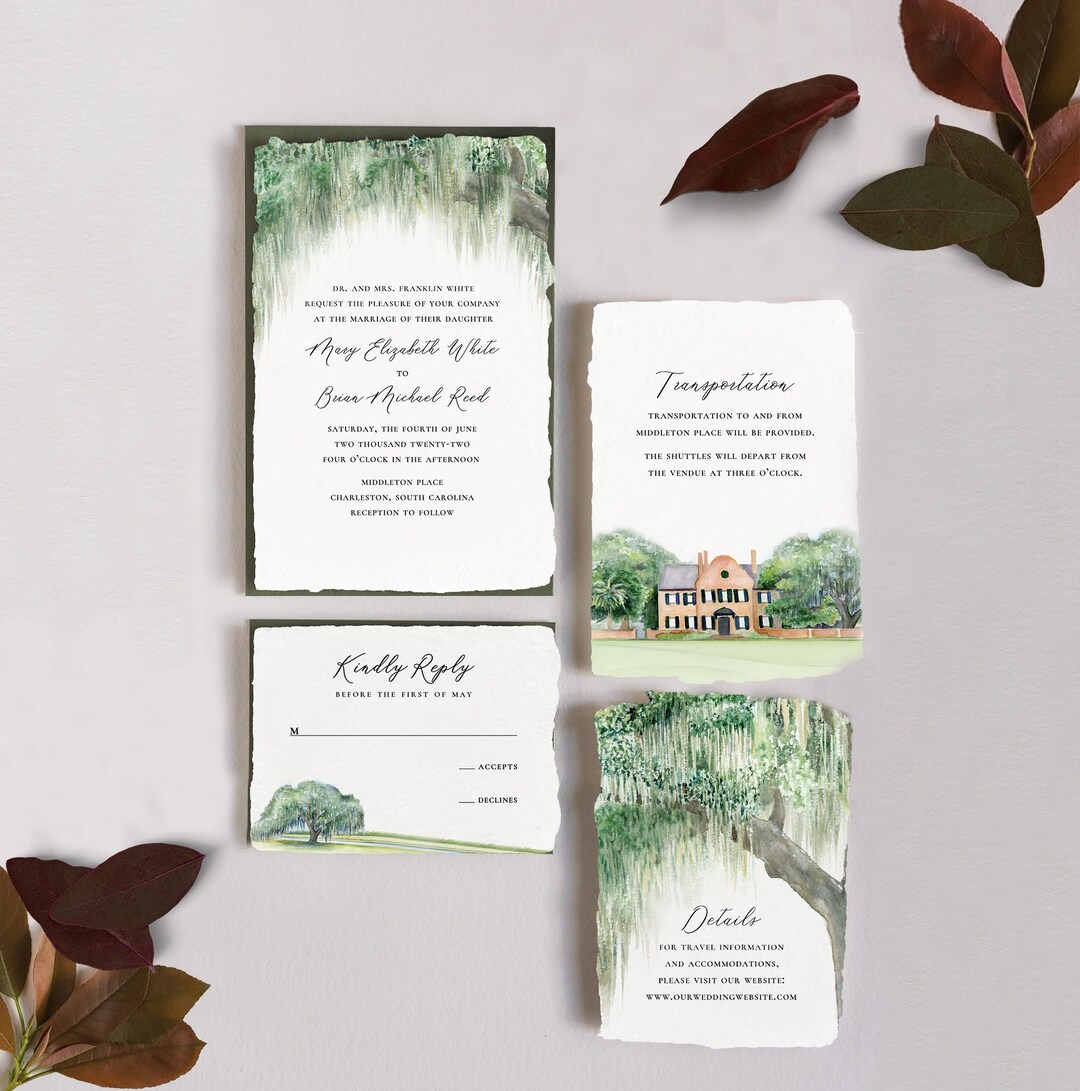Middleton Place Watercolor Wedding Invitation Suite Printed on Handmade ...