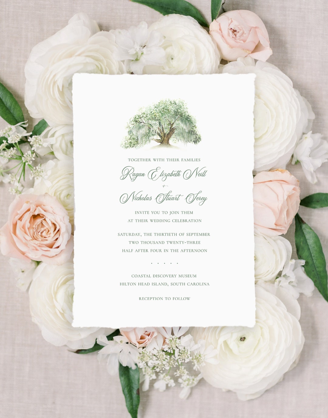 Oak Tree Watercolor Wedding Invitation Printed on Handmade Paper or ...