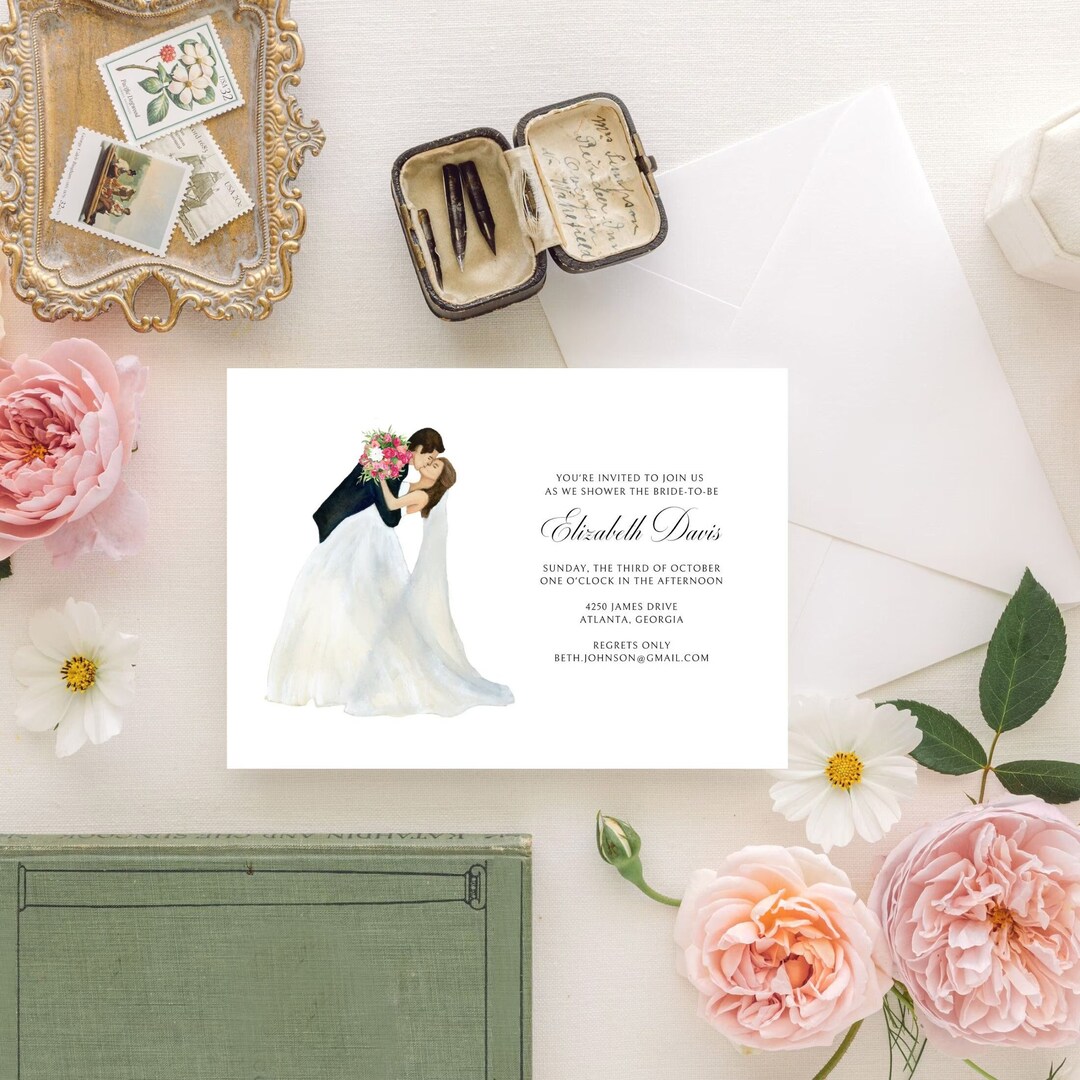 Bride and Groom Watercolor Wedding Shower Invitations Printed on ...