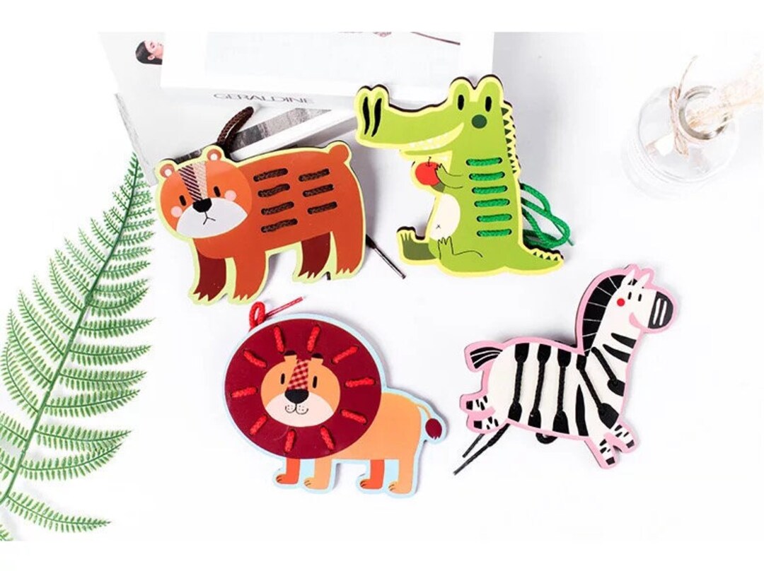 Wooden Animals Fruits Lacing & Threading Toys Set, Wood Block Puzzle - Etsy