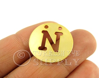 Brass Round Letter N Charms Initial N Gold Round Pendant 18K Real Gold ...