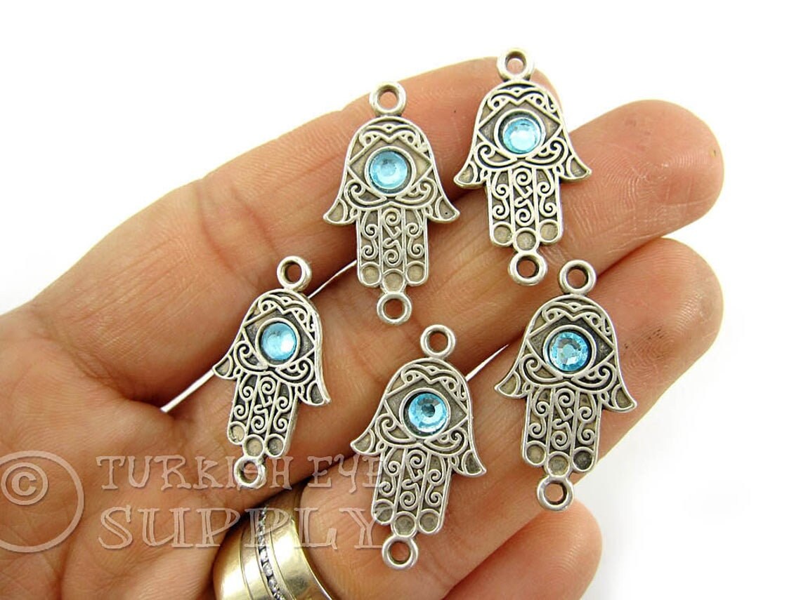 Silver Hamsa Connector Charms, Hamsa Charm With Aquamarine Blue Crystal ...