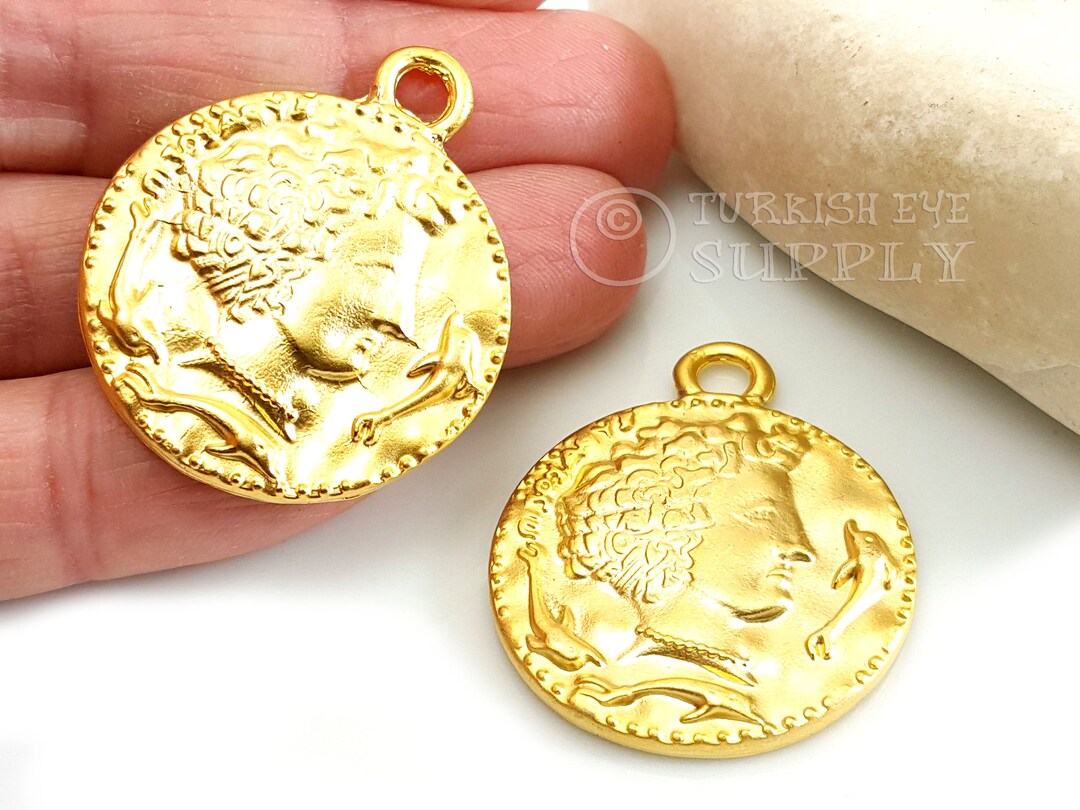 Gold Greek Coin Pendant, Large Greek Coin Charm, Gold Medallion ...
