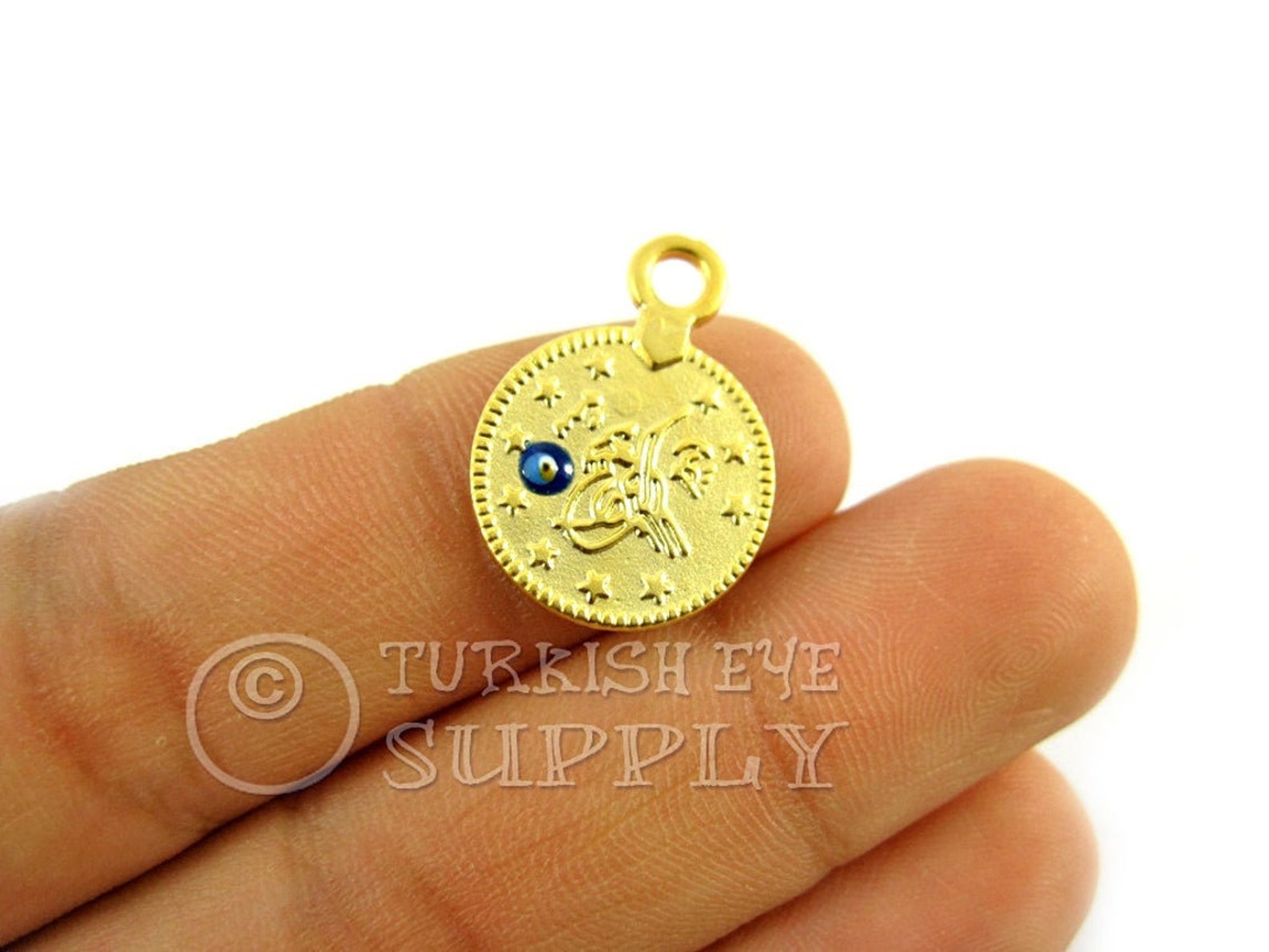 Gold Evil Eye Coin Charm, Gold Coin Pendant, Enameled Evil Eye Charm ...