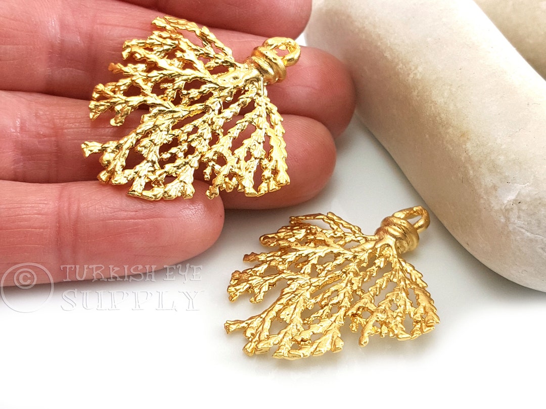 Gold Conifer Leaf Charm, Conifer Branch Charm, Gold Leaf Charm, Leaf ...