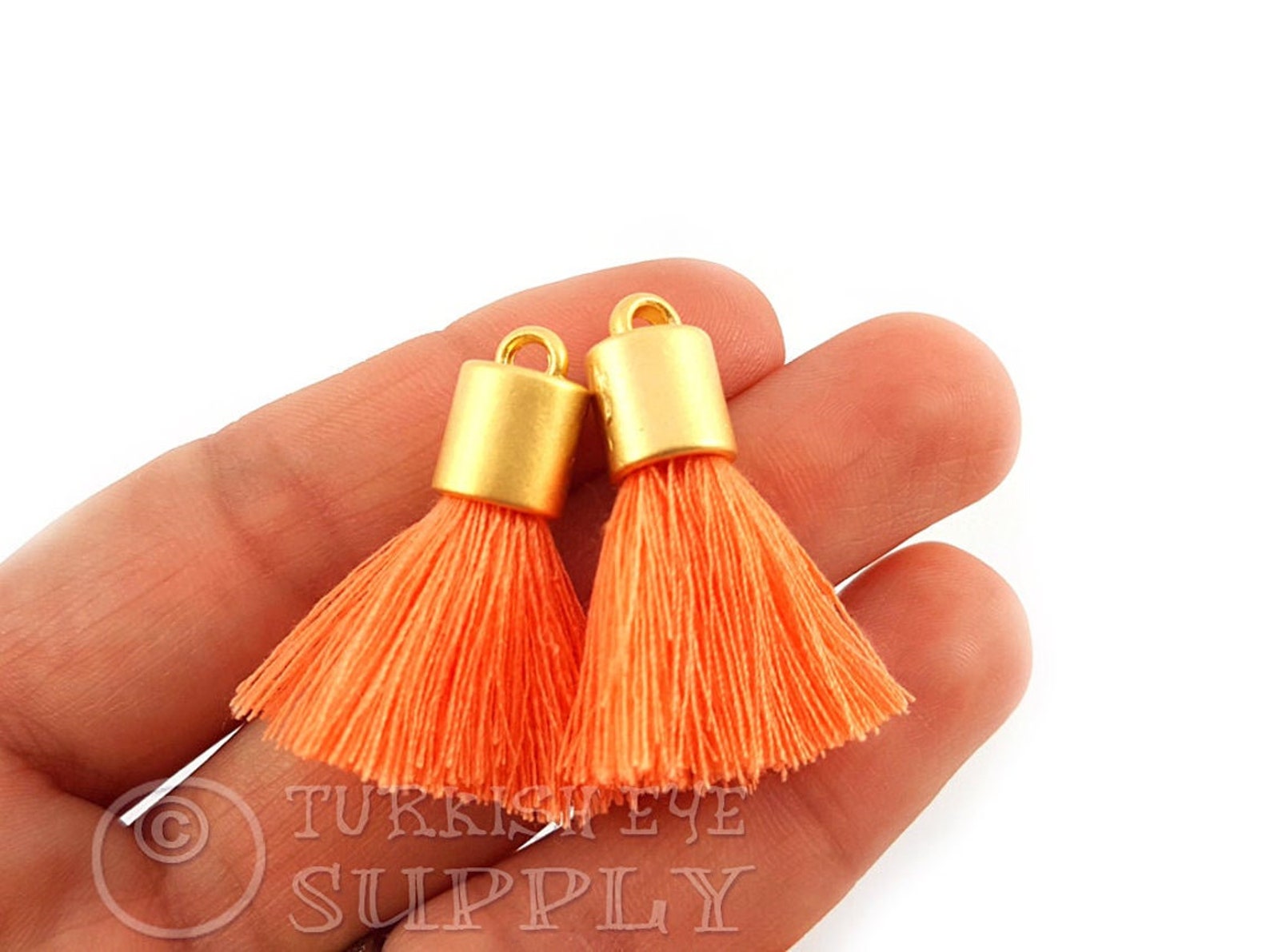 Salmon Orange Tassels, 22k Gold Plated Cap, Mini Cotton Tassels ...