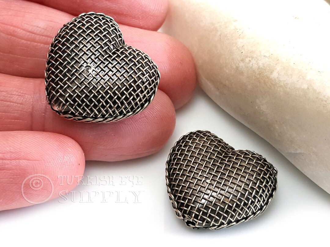 Silver Wire Mesh Heart Bead, Large Hollow Spacer Bead, Silver Plated ...