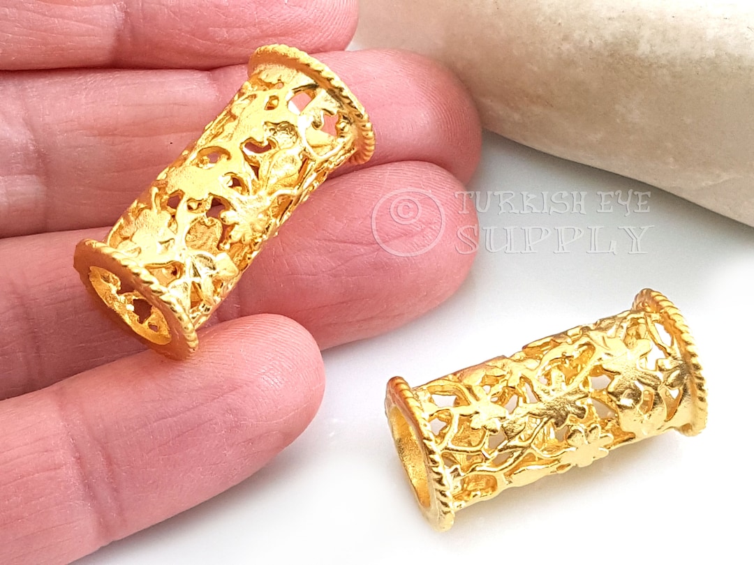 Large Gold Tube Bead, Gold Bead Findings, Floral Fretwork Tube Bead ...