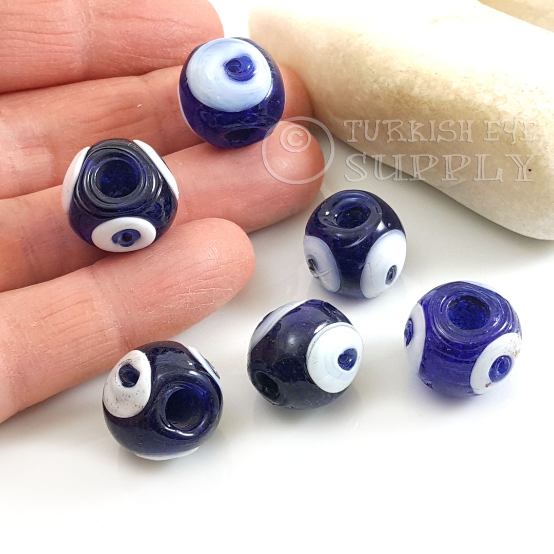 Blue Round Evil Eye Beads, Artisan Glass Handmade Evil Eye Beads, 5pc ...