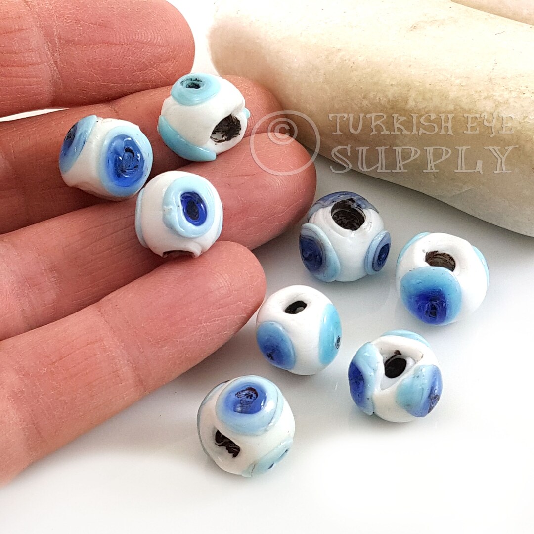 White Evil Eye Beads, Round Evil Eye Bead, Artisan Handmade Glass Evil ...