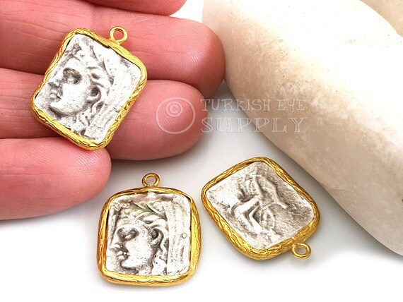 Ancient Greek Coin Gold Plated Bezel Square Coin Silver - Etsy