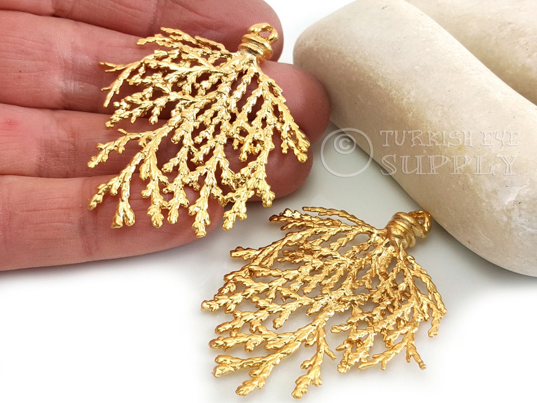 Gold Conifer Leaf Charm, Conifer Branch Charm, Gold Leaf Charm, Leaf ...