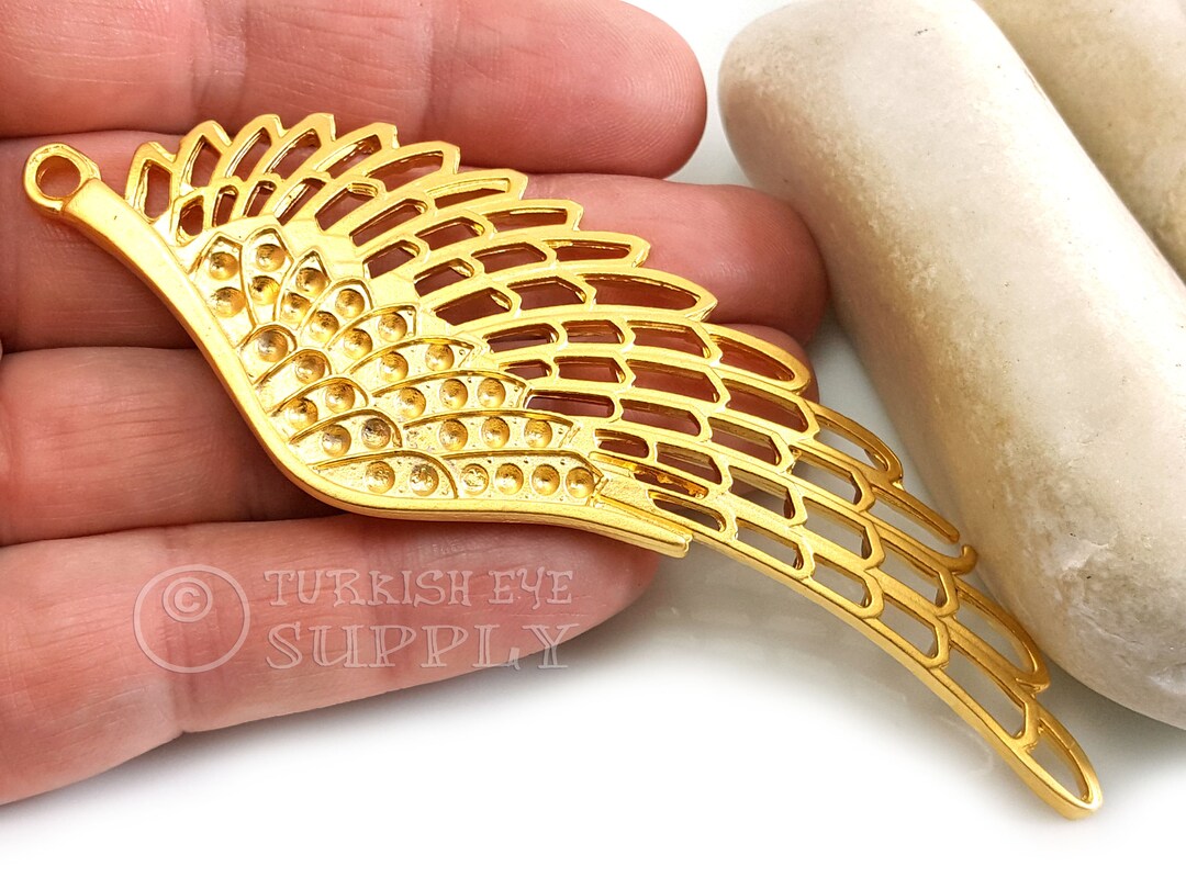 Large Gold Wing Pendant, 22k Gold Plated, Angel Wing Pendant, Large ...