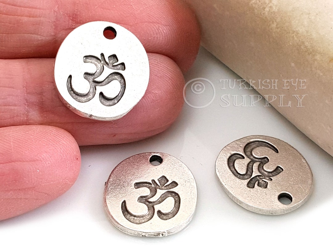 Silver Om Charms, Round Om Symbol, Om Drop Charms, Yoga Charms, Antique ...