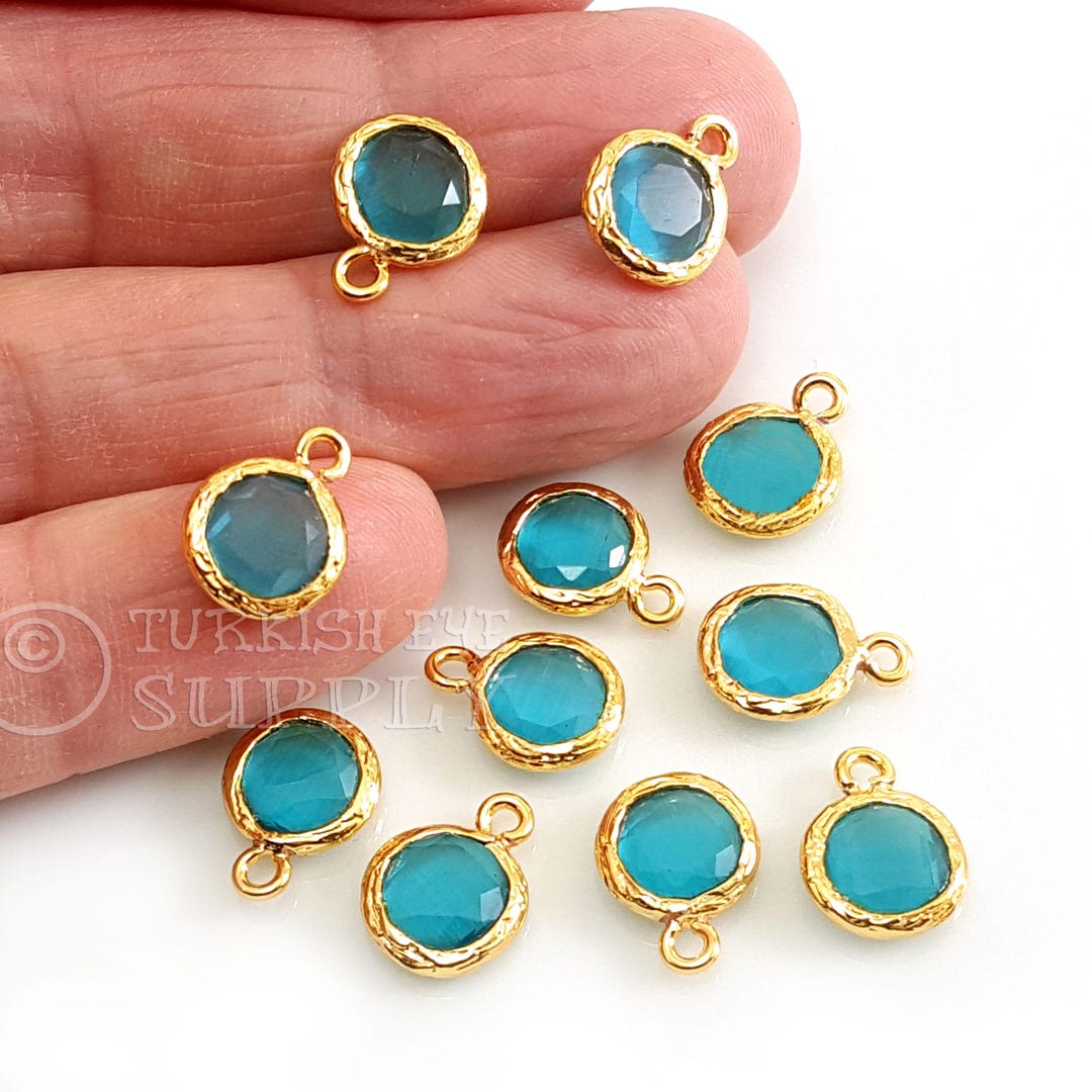 Aquamarine Blue Cats Eye Charm, 22k Gold Plated Hammered Bezel, Round ...