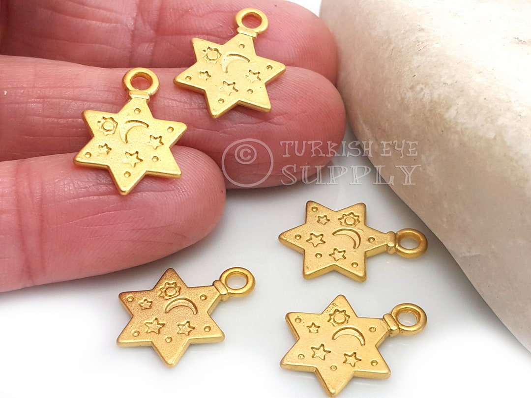 Mini Star Charms, Moon and Star Etched Charms, 22k Gold Plated Stars ...