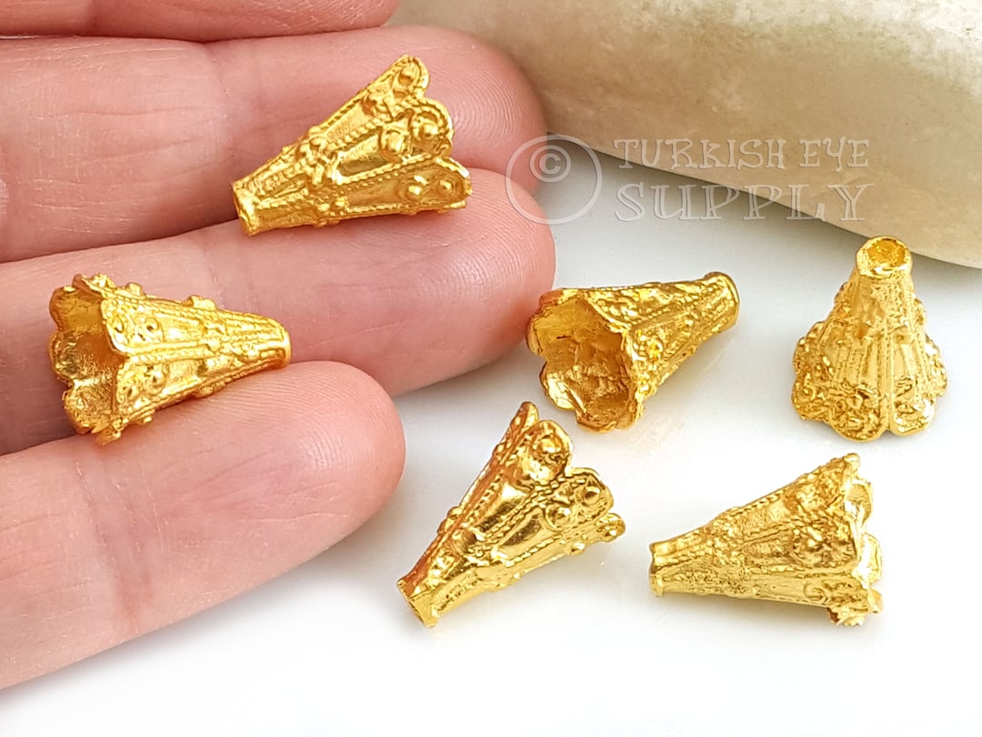 Gold Cone Caps, Gold Bead Caps, Cone Bead Cap, Tribal Textured Cone Cap ...