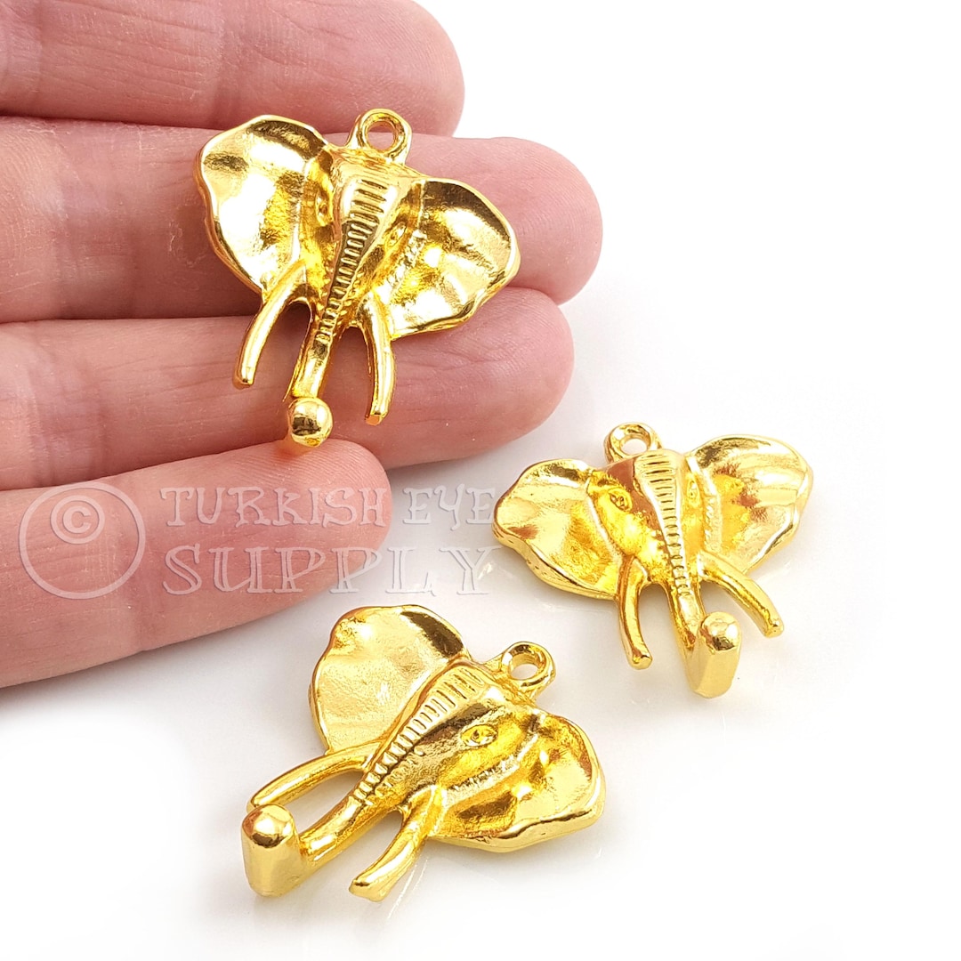 24k Shiny Gold Plated Elephant Head Pendant, Exotic Gold Elephant ...