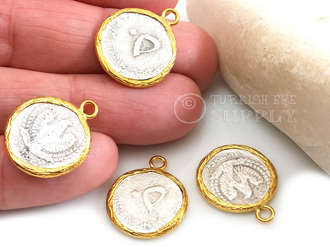 Gold Plated Arabic Coin Pendant, Antique Silver Medallion Charm ...