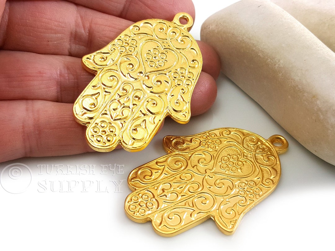 Large Gold Hamsa Pendant, Gold Hand Pendant, 22k Gold Plated, Hamsa ...