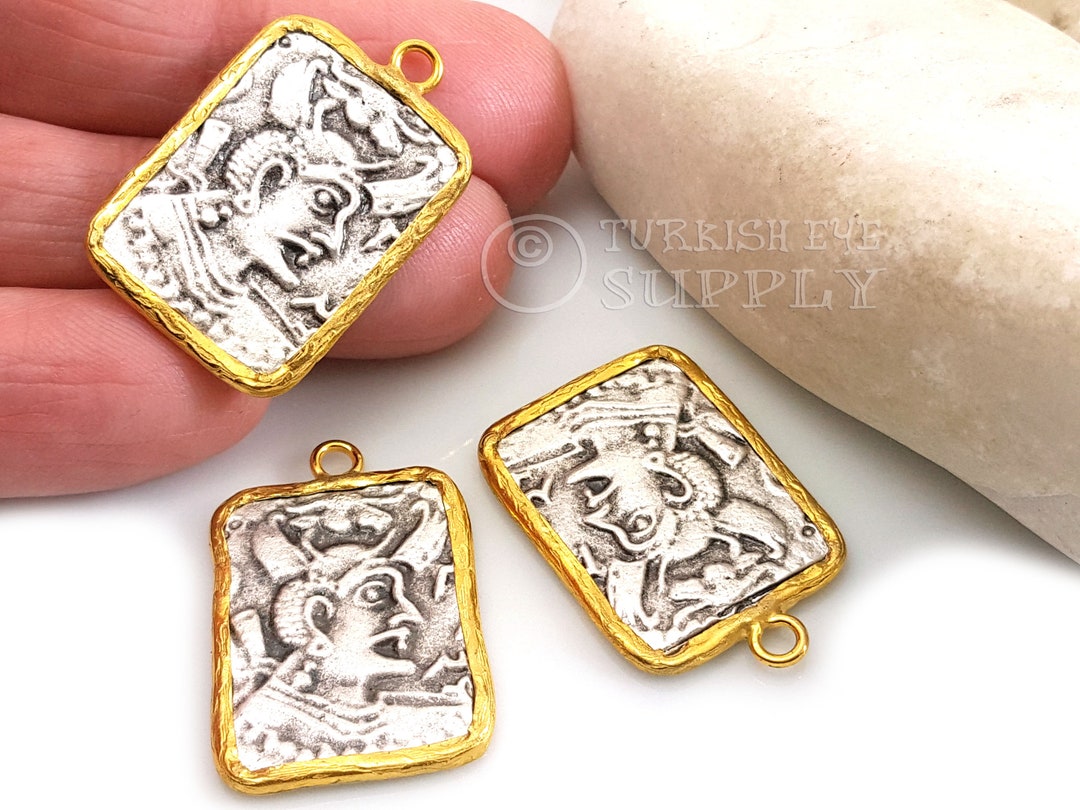 Ancient Greek Coin, Gold Plated Bezel, Rectangle Old Coin, Silver Coin ...