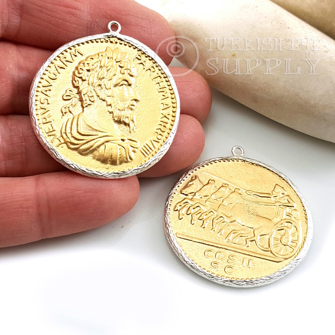 22k Gold Plated Greek Medallion Pendant, Ancient Greek Coin, Poseidon ...
