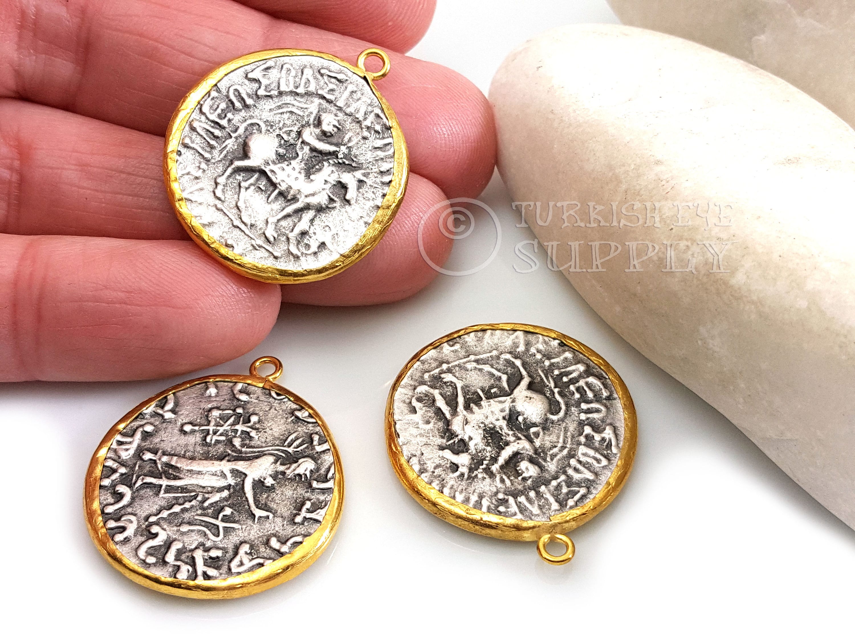 Ancient Greek Coin, Greek Medallion Pendant, Gold Plated Bezel, Rustic ...