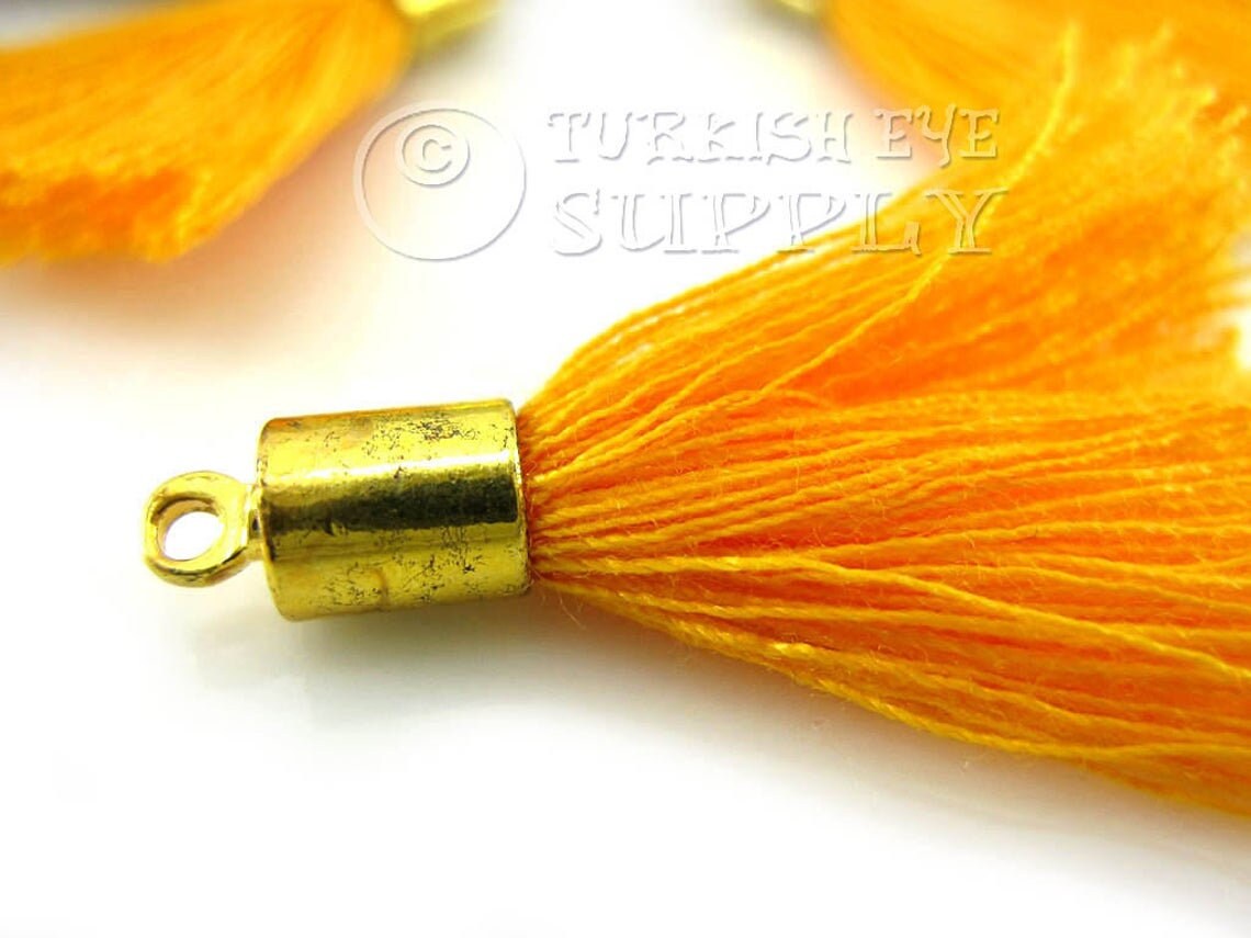 Orange Tassel, Mini Cotton Thread Tassel, Raw Brass Cap, Tassel Earring ...
